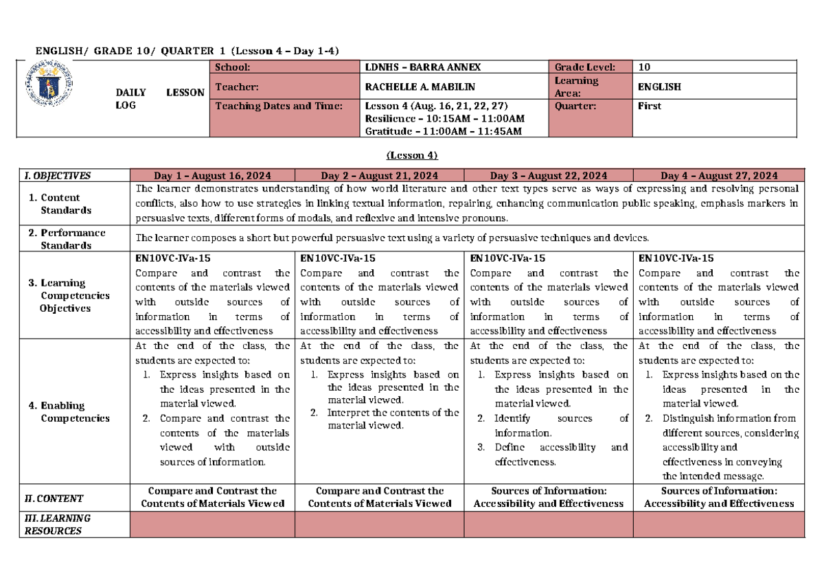 EN10VC-IVa: Compare & Contrast Materials for Grade 10 Literature - Studocu