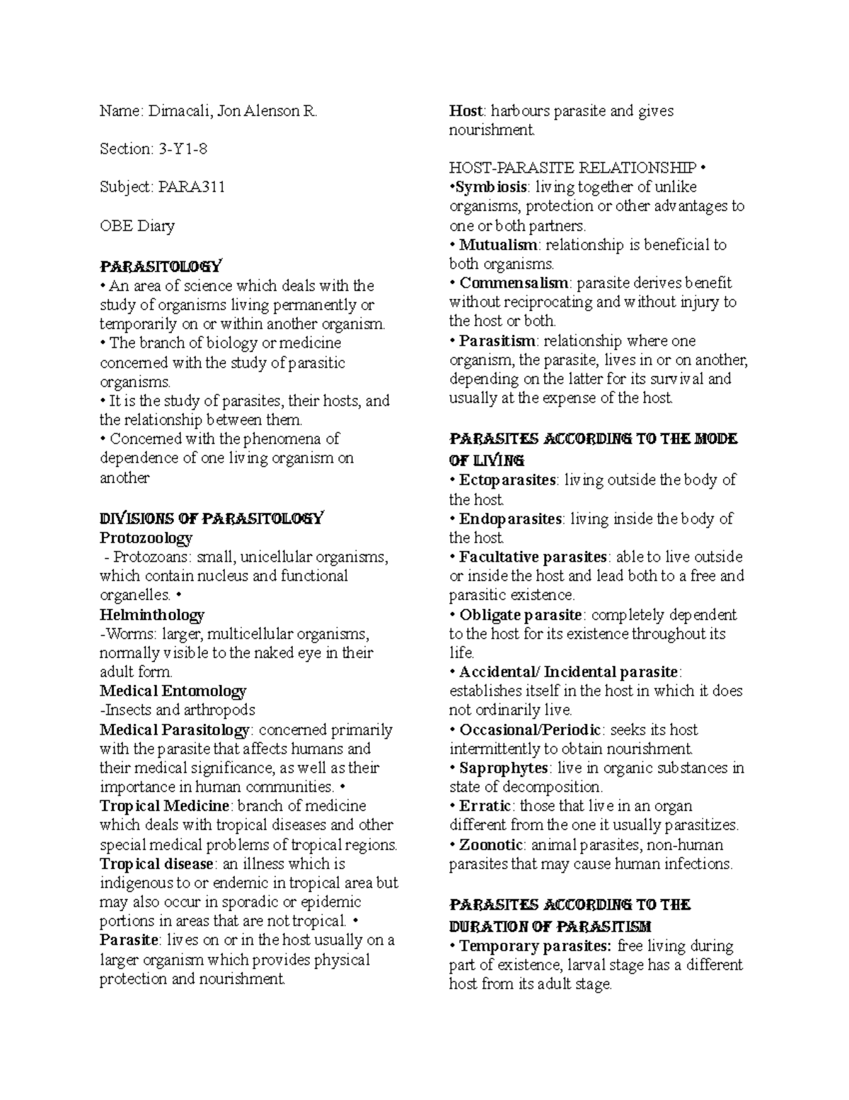 OBE Diary-PARA311 - For parasitology - Name: Dimacali, Jon Alenson R ...