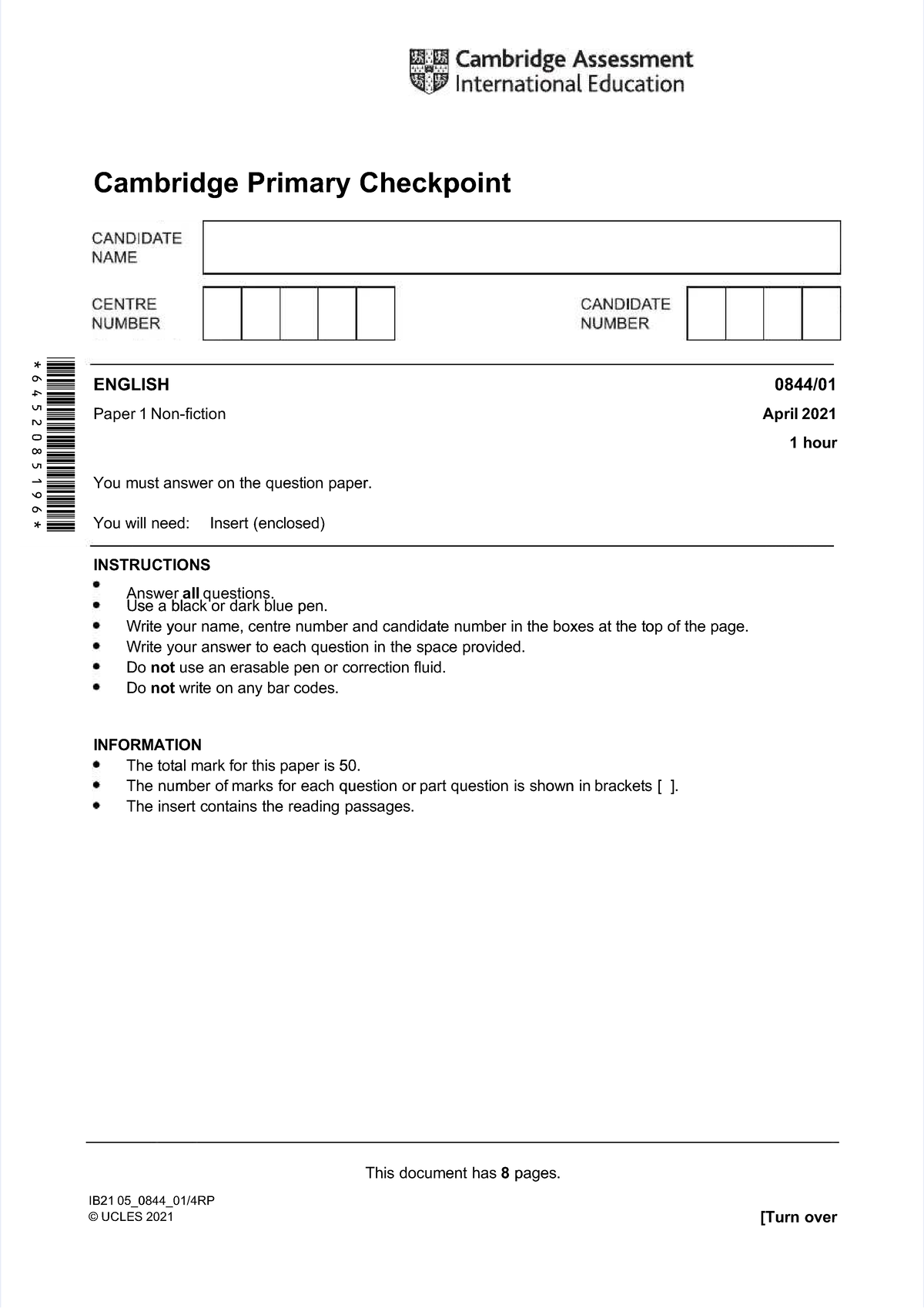 Cambridge Primary Checkpoint English 0844/01 April 2021 Paper 1 - Studocu