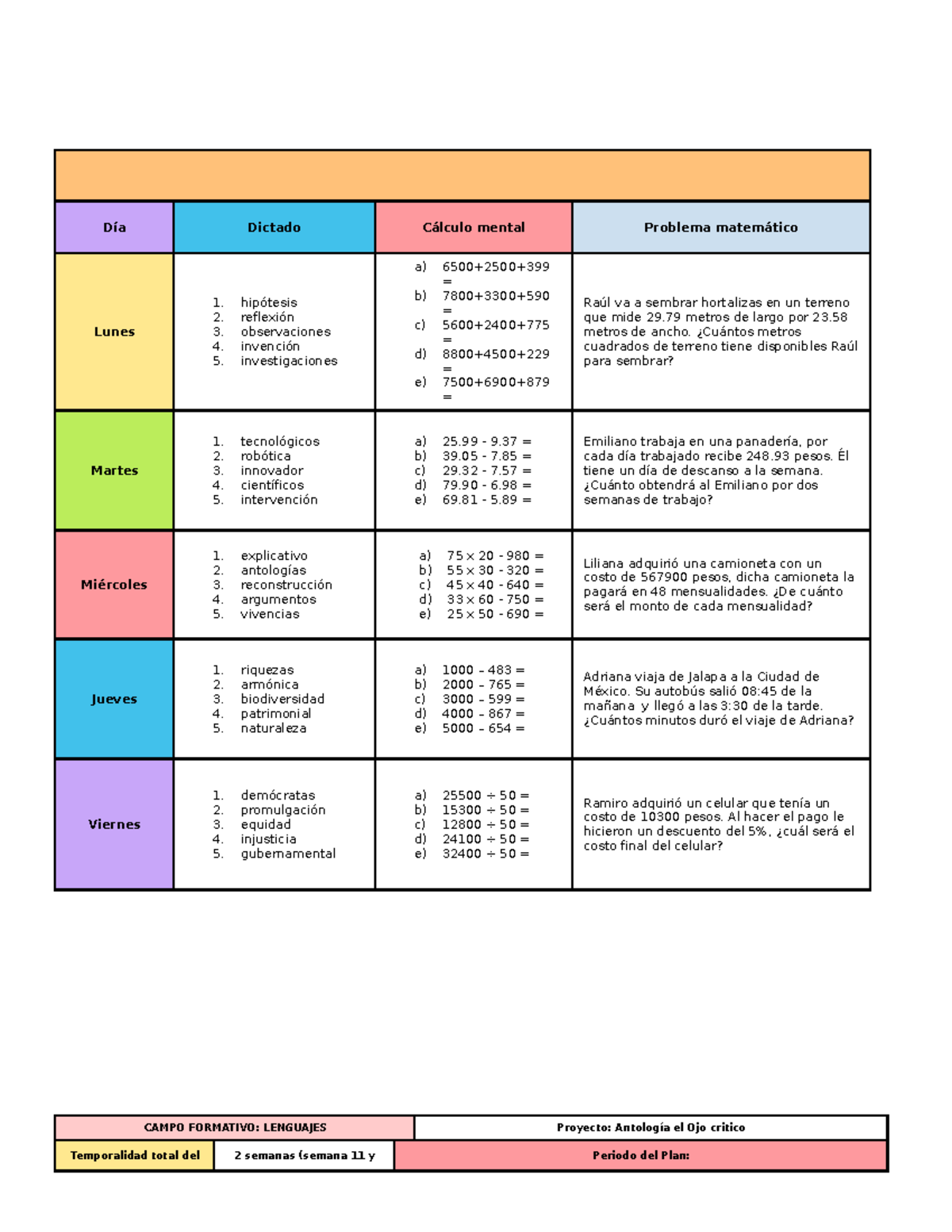 PLAN Semanal 4-5: Actividades de Planeación para Sexto Grado - Studocu