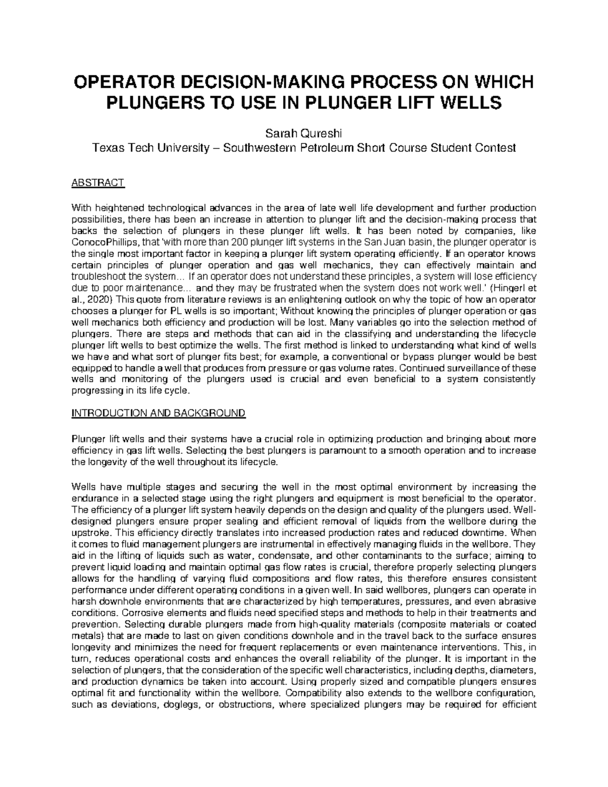 (2024052) Operator Decision-Making for Plunger Selection in PL Wells ...