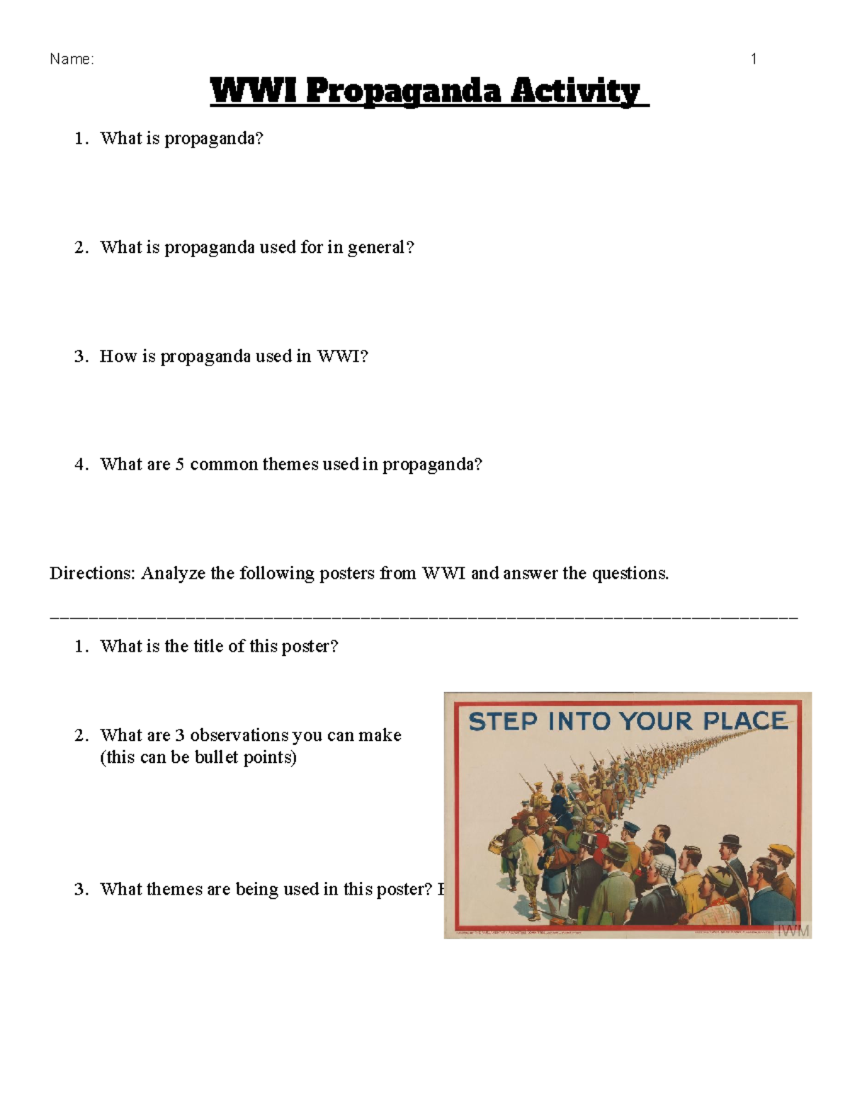 WWI Propaganda Analysis Activity: Understanding Themes and Techniques ...