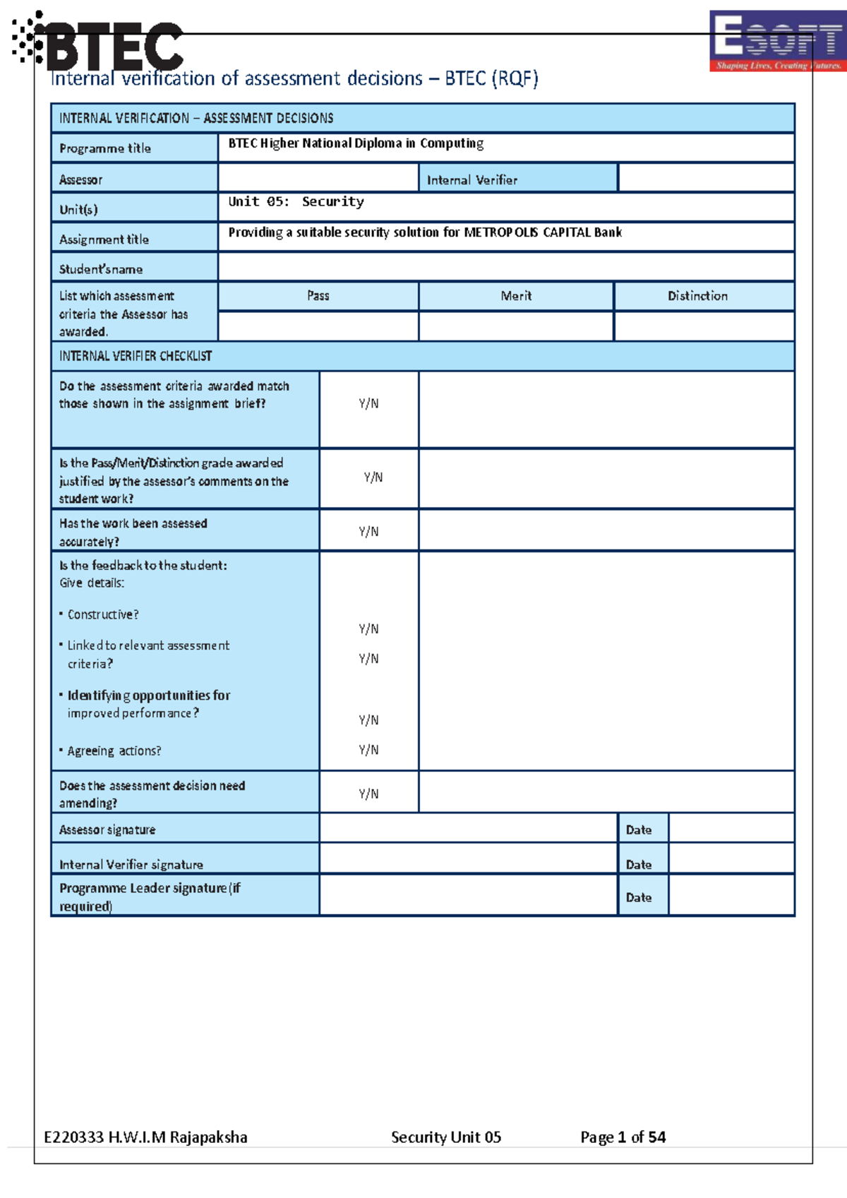BTEC HND Computing Unit 05: Internal Verification of Security Assessment - Studocu