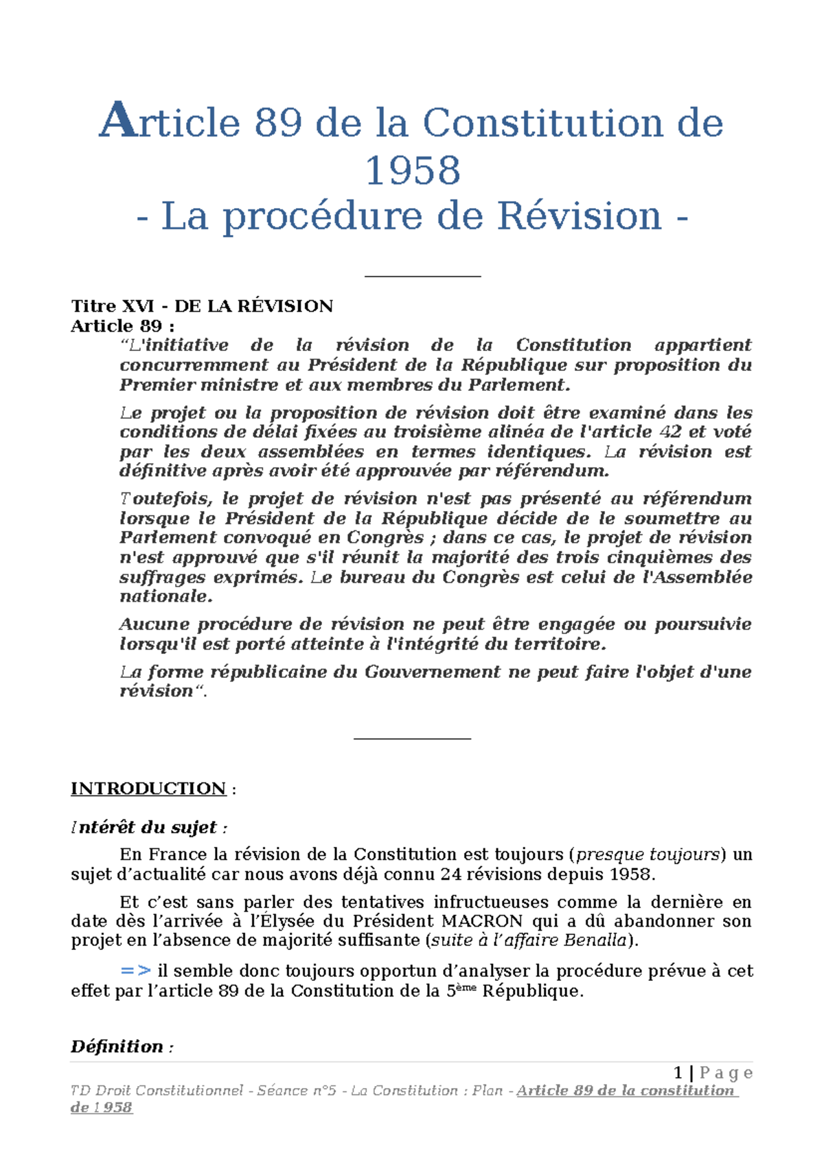 01. 05- b- Plan - Commentaire article 89 C° 1958 - Article 89 de la ...