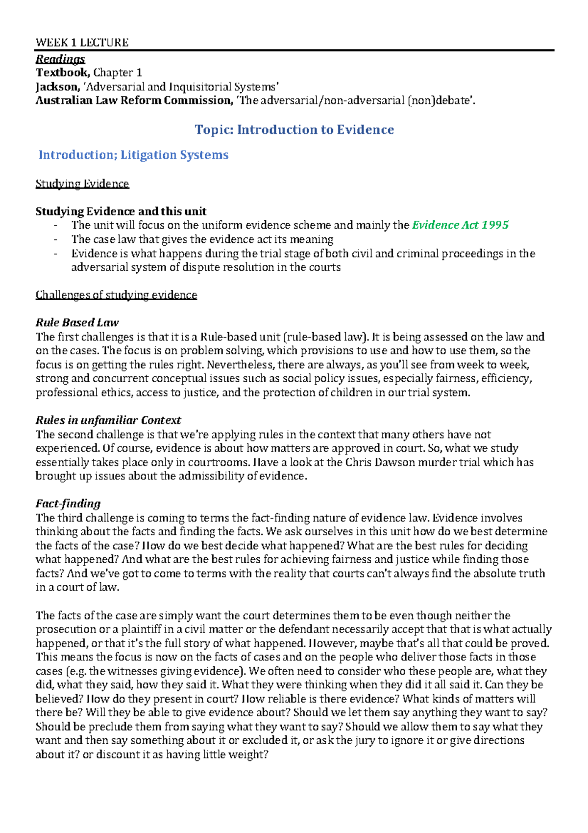 LAWS3400 Evidence Lecture: Week 1 Overview and Introduction - Studocu