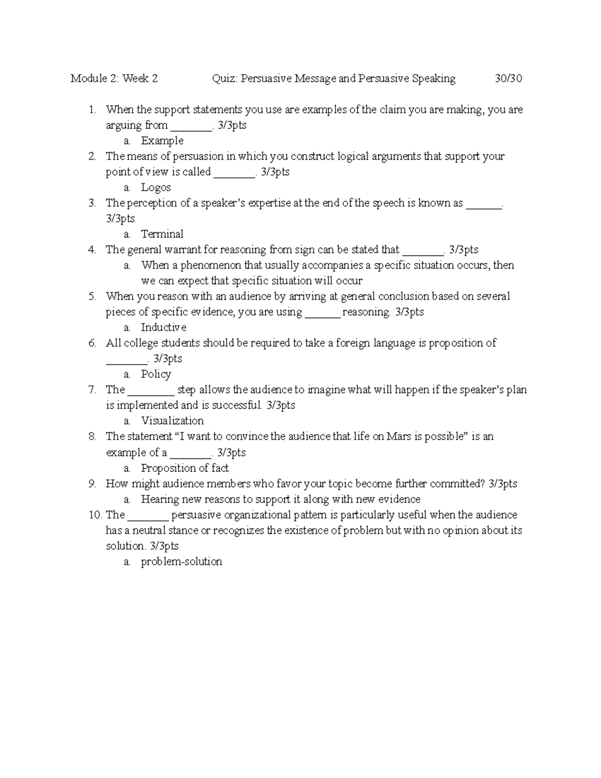 Quiz M2: Persuasive Message & Speaking Strategies - Studocu