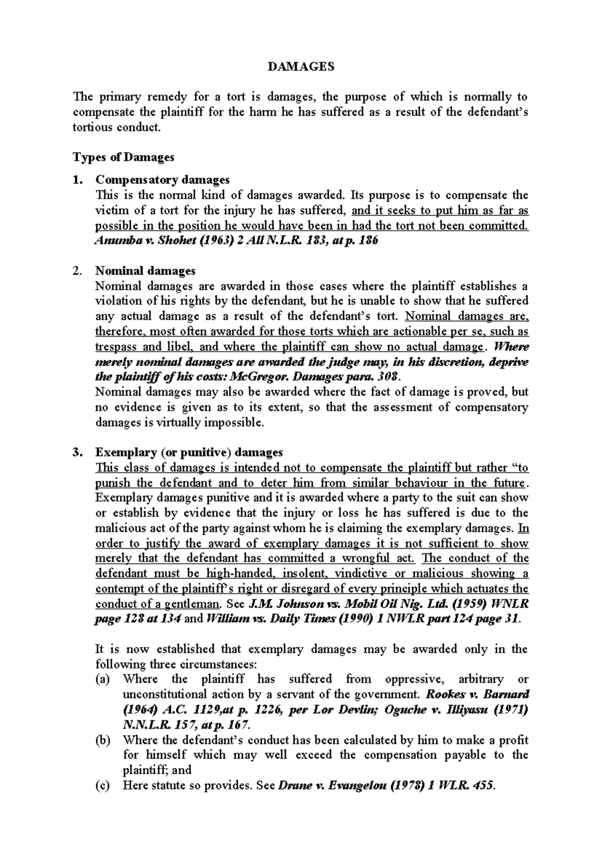 Damages in Tort Law: Types and Legal Principles - Studocu