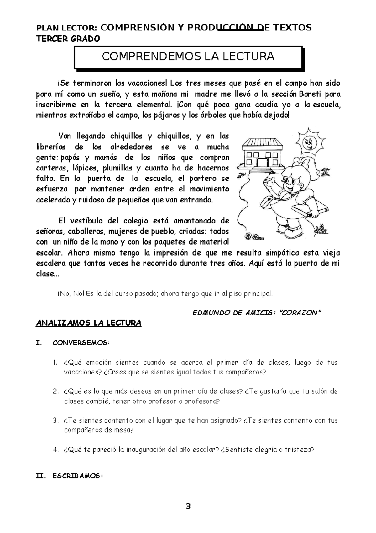 Lectura y Comprensión para Tercer Grado: Actividades y Análisis - Studocu