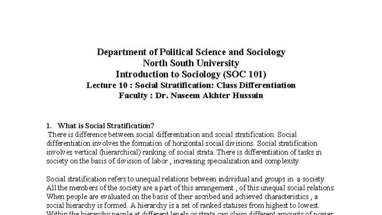 SOC 101 Lecture 10: Understanding Social Stratification and Class - Studocu