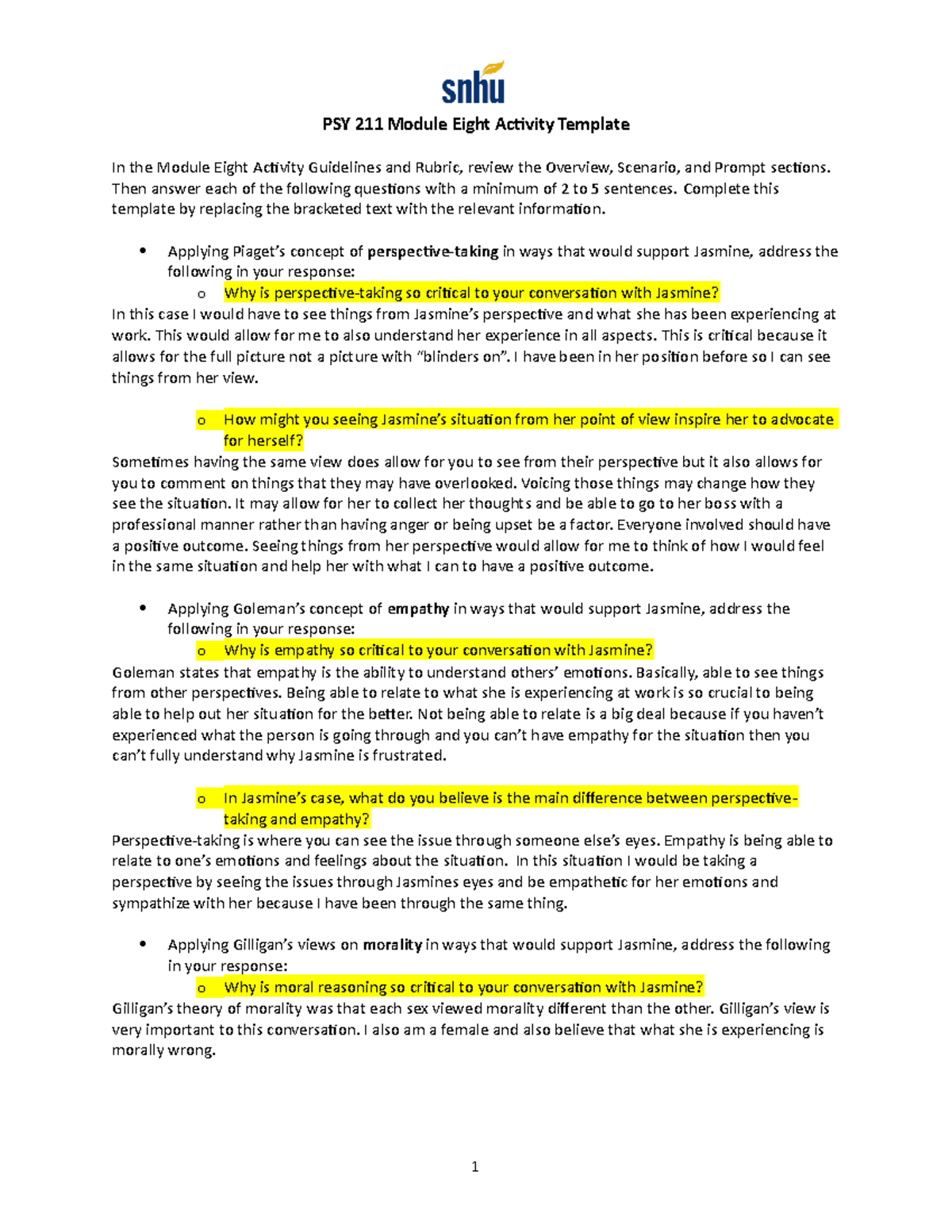 PSY 211 Module Eight Activity - Then answer each of the following ...