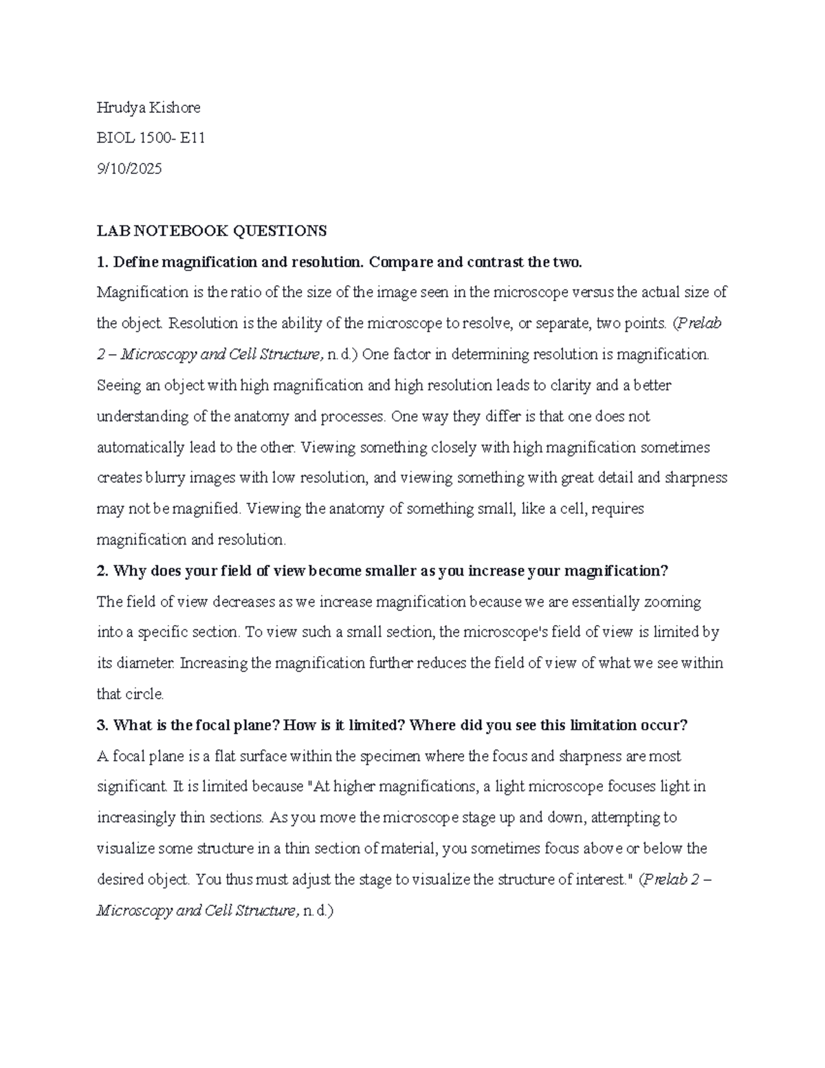 BIO 1500 Lab 2 - Microscopy and Cell Structure Report - Studocu