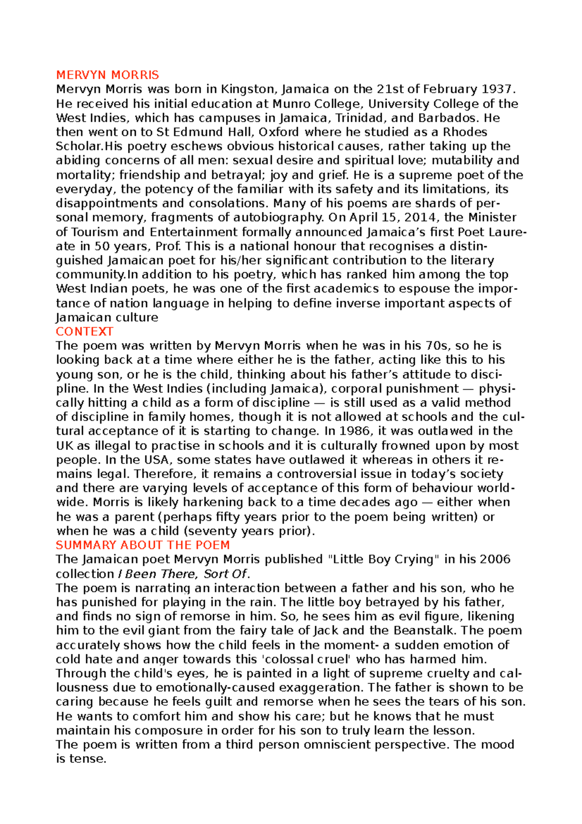 Essay Notes on Mervyn Morris's Poem "Little Boy Crying" (ENG 204) - Studocu