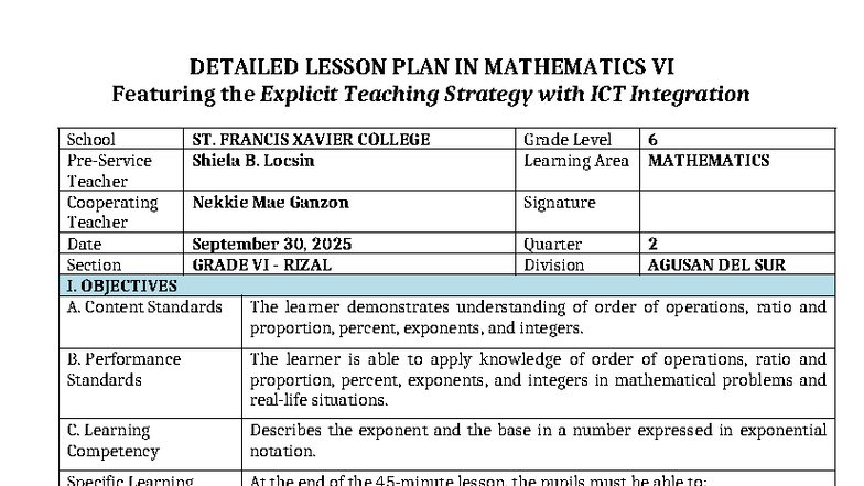 MATH 6 Detailed Lesson Plan: Exponential Notation & Teaching Strategies ...