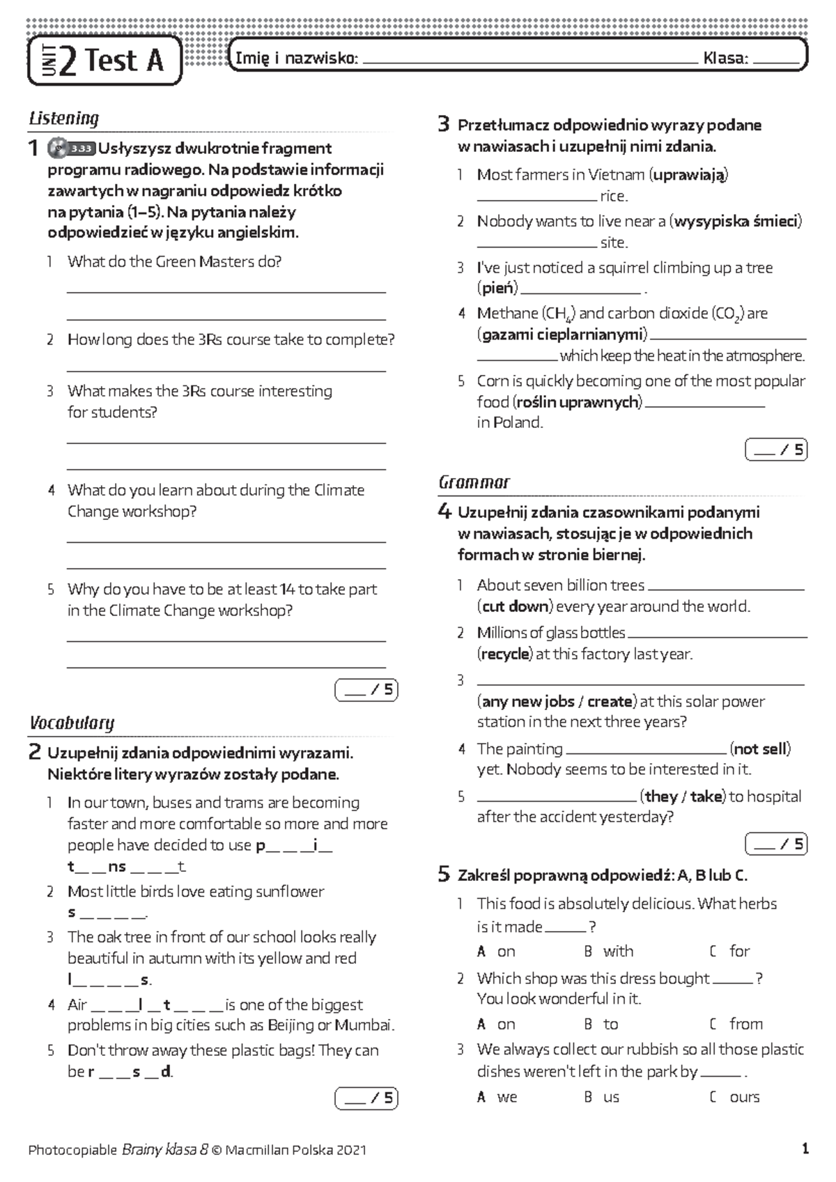 Unit Test 2A - Listening and Vocabulary for Brainy Kl8 Students - Studocu
