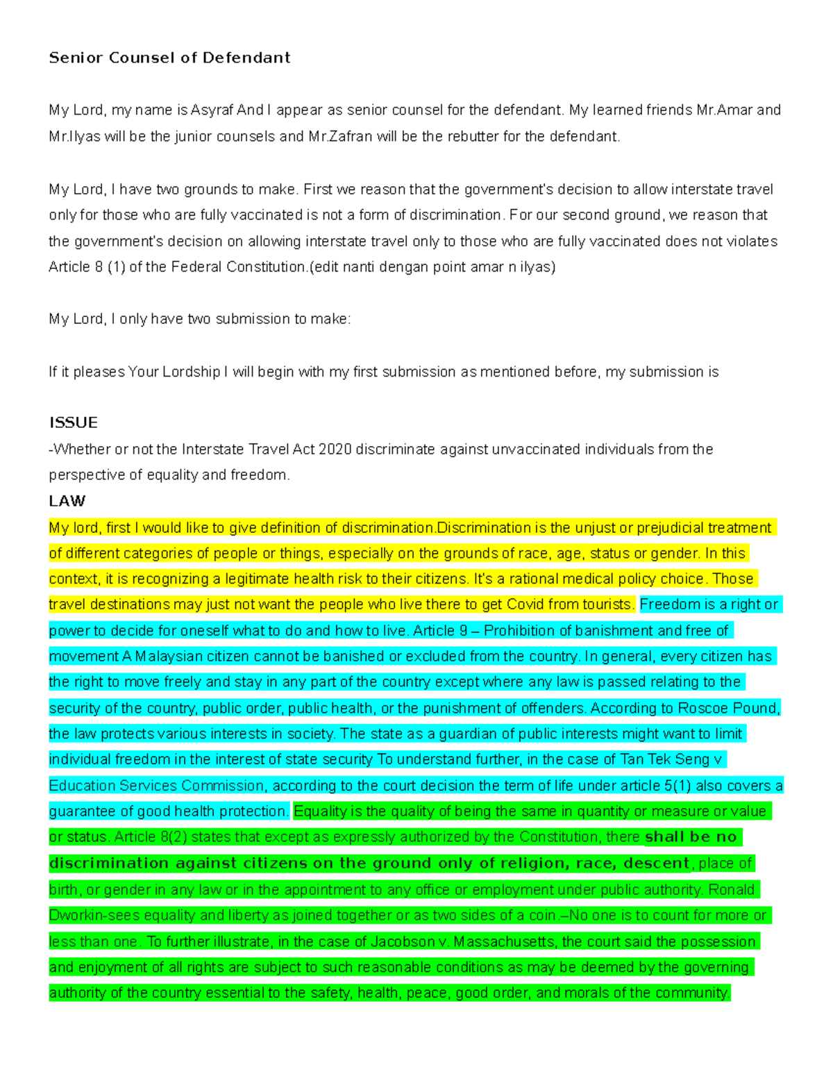 Defendant Counsel Submission: Interstate Travel Act 2020 Analysis - Studocu