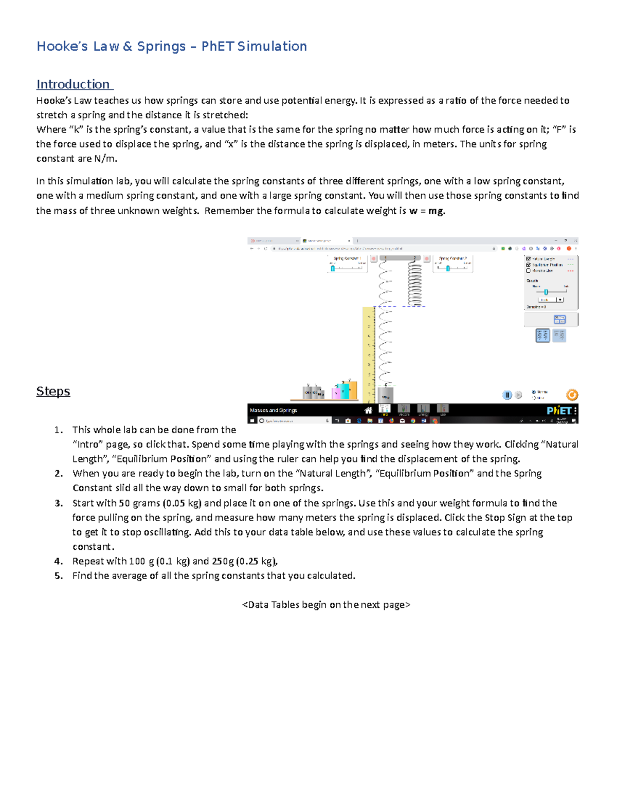 Hooke's Law Lab Virtual Lab - Hooke’s Law & Springs – PhET Simulation ...