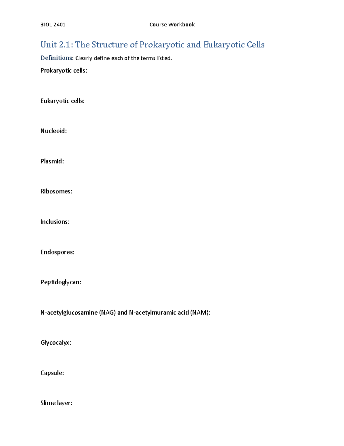 BIOL 2401 Unit 2 Workbook: Prokaryotic & Eukaryotic Cell Structures ...