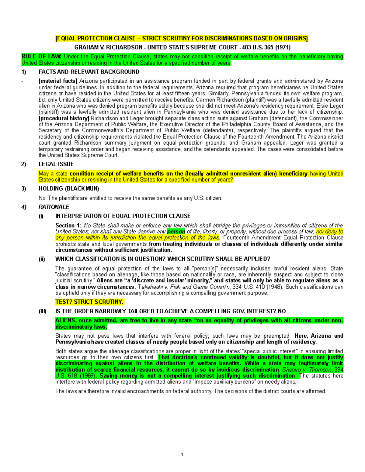 Graham v. Richardson Case Brief - ConLaw - Equal Protection Clause ...
