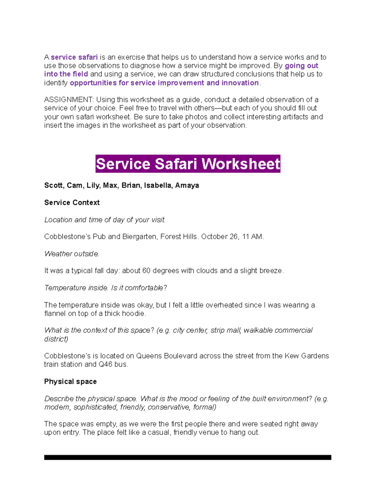Service Safari Worksheet - Observation and Analysis - Studocu