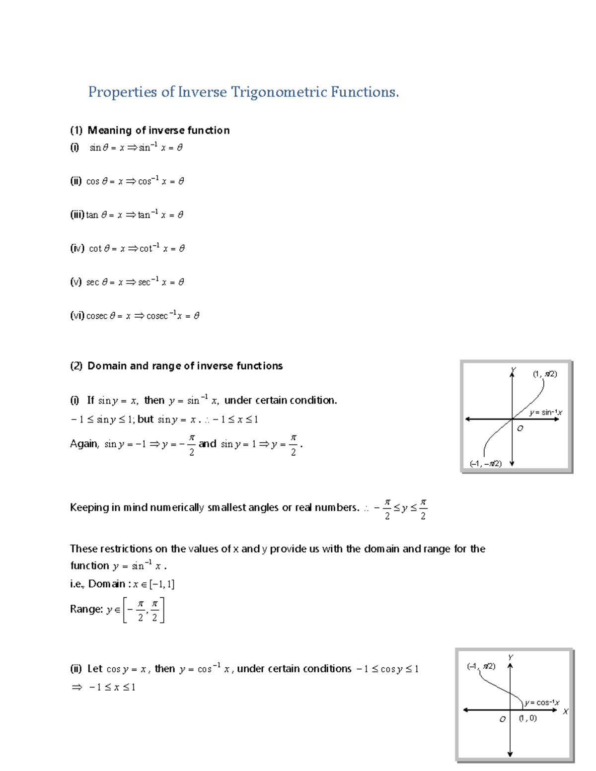 Inverse Trigonometric Functions: Properties and Principal Values - Studocu