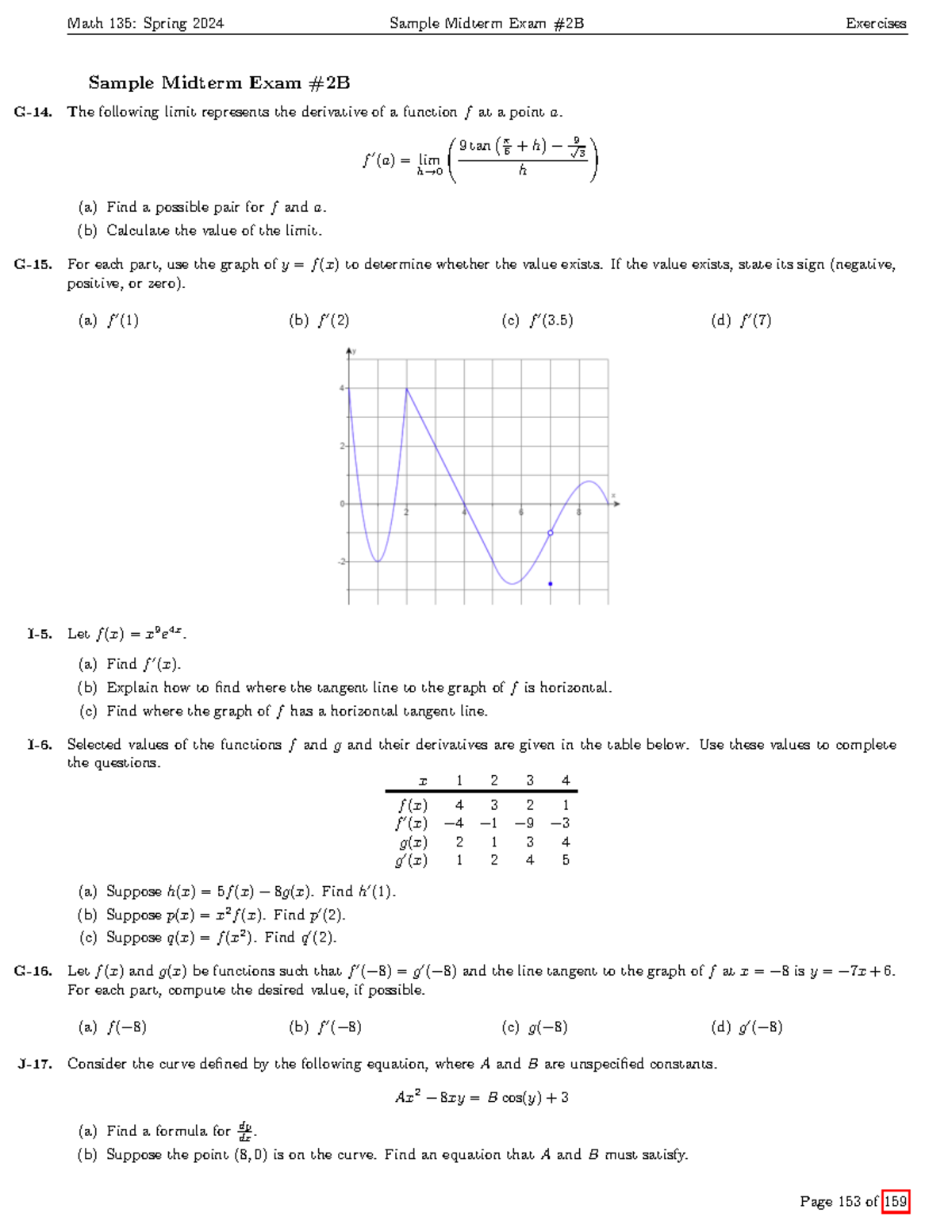 Math 135: Spring 2024 Sample Midterm Exam Practice Exercises - Studocu