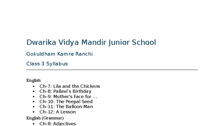 Class 3 Syllabus: English, Science, S.S.T., Math & Computer - Studocu