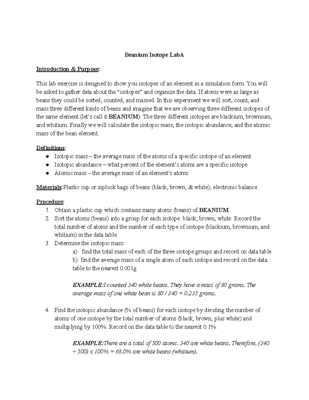 Beanium Isotope Lab-3: Exploring Isotopes with Beans in Chemistry - Studocu