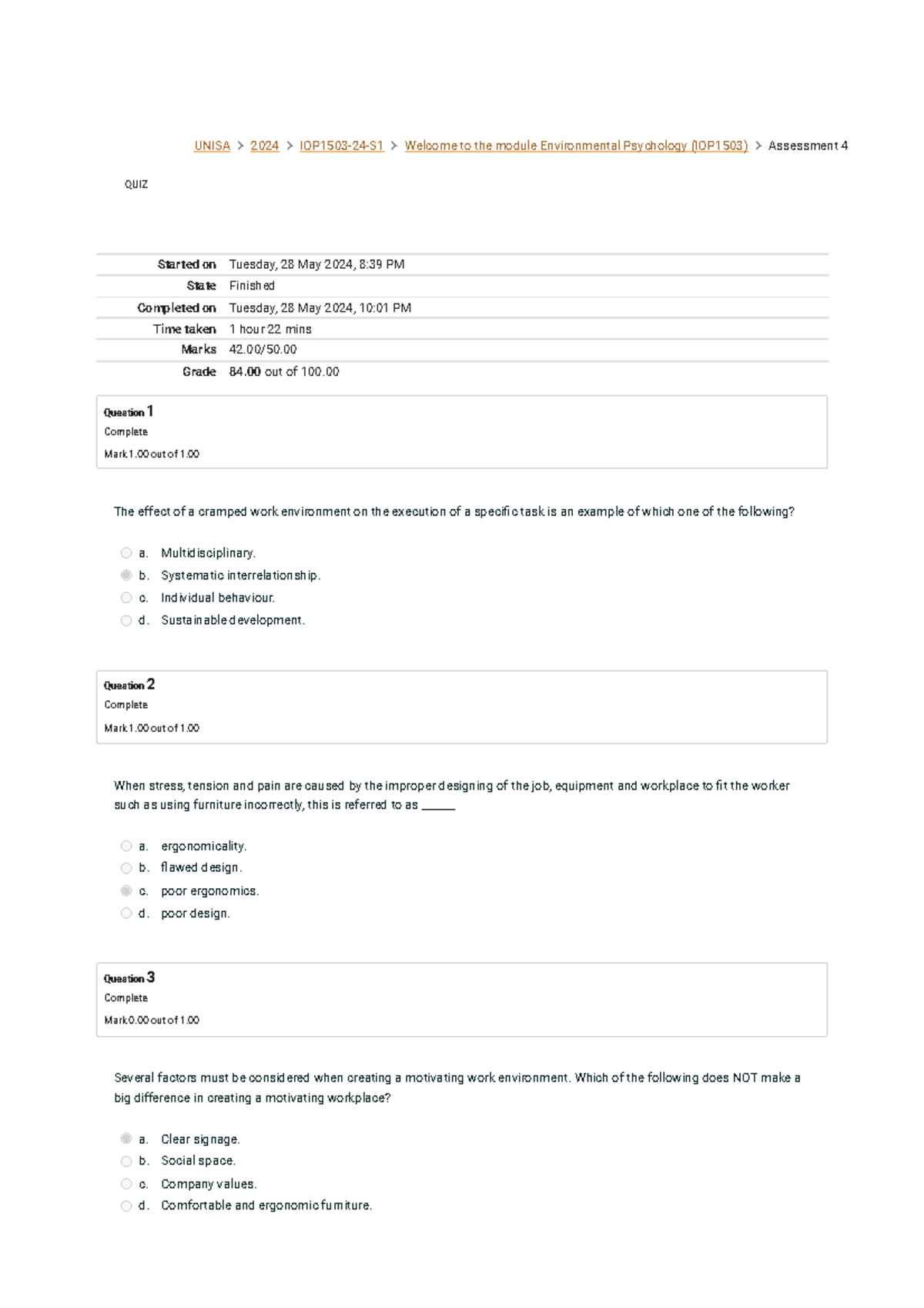 IOP1503 Environmental Psychology Assessment 4 Attempt Review - Studocu