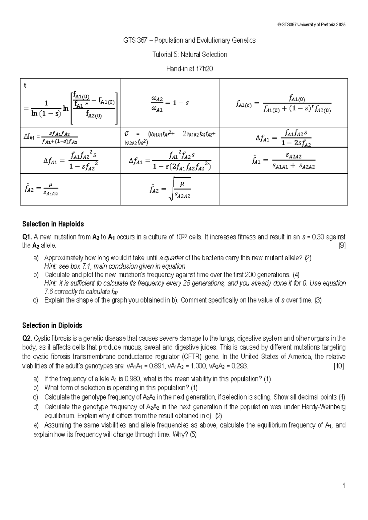GTS367 Tutorial 5: Natural Selection in Population Genetics - Studocu