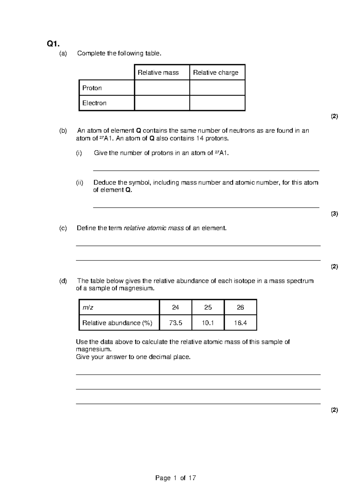 Atomic Structure Exam Questions - Q1 to Q20 (Chemistry 101) - Studocu