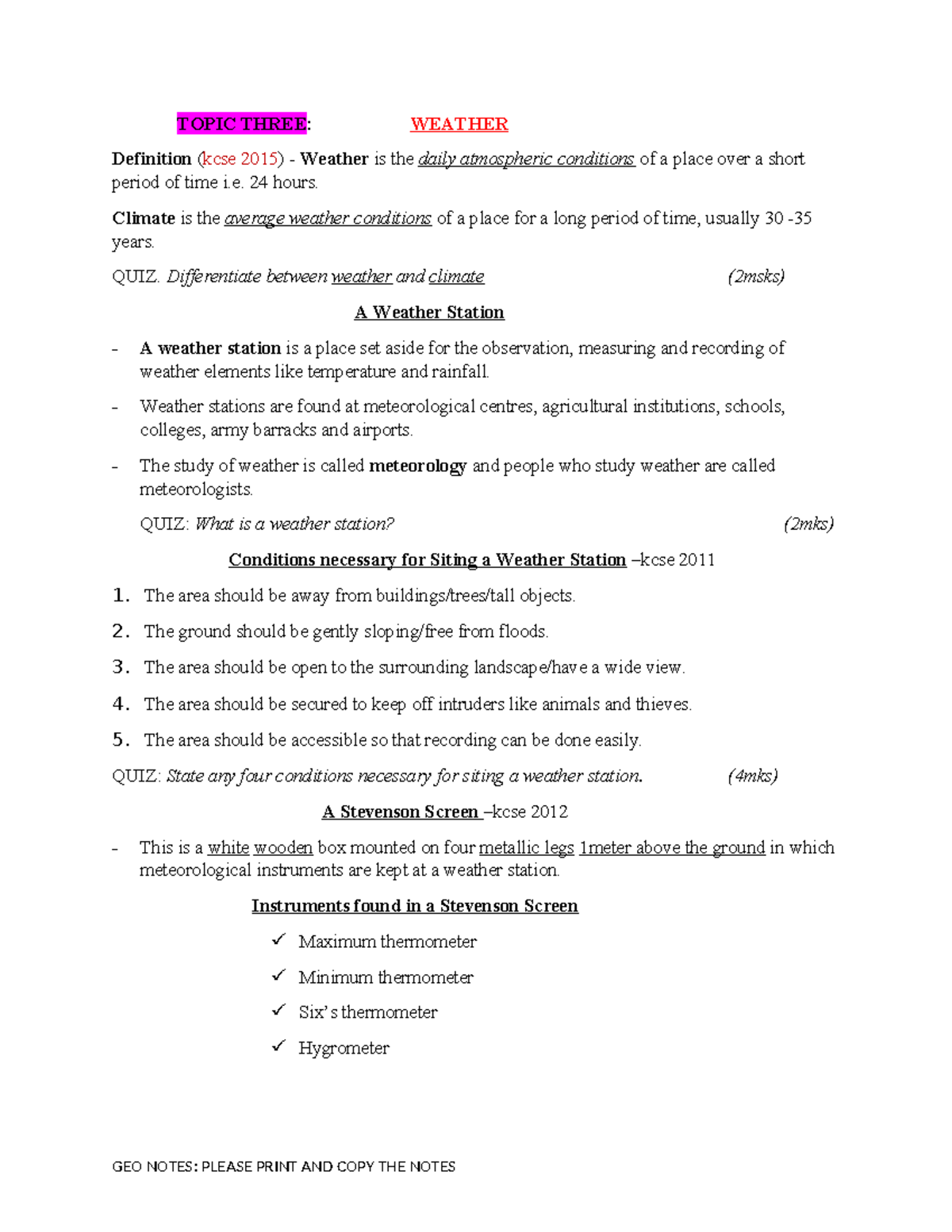 FORM 1 GEO: Topic Three - Weather Overview and Key Concepts - Studocu