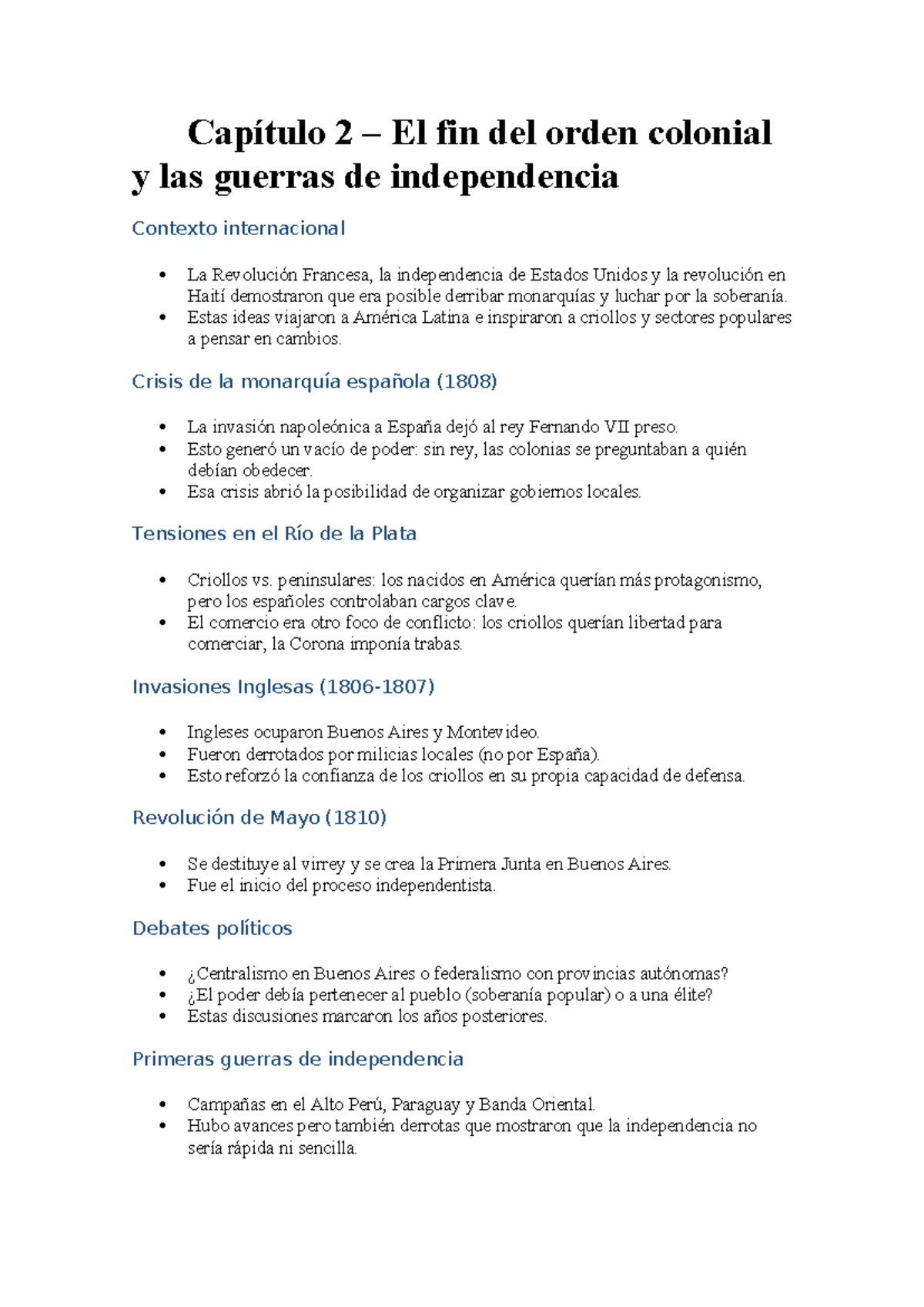 Unidad 1 - Resumen: Fin del Orden Colonial y Guerras de Independencia ...