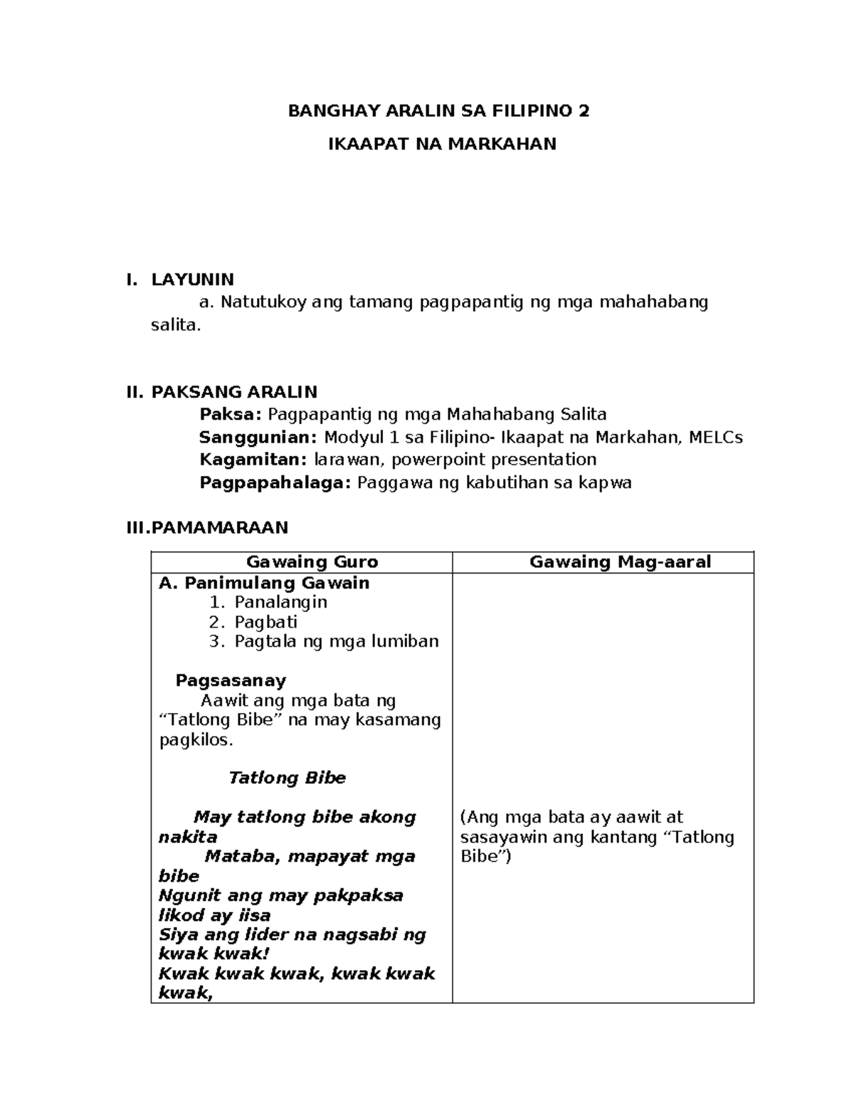 LP in Filipino 2 - Detailed LP - BANGHAY ARALIN SA FILIPINO 2 IKAAPAT ...