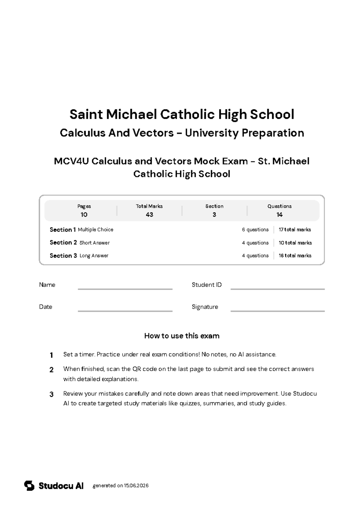MCV4U Calculus and Vectors Mock Exam - Studocu