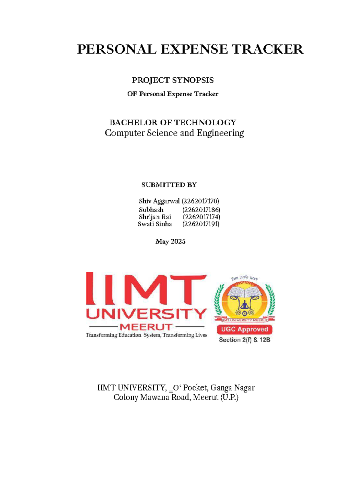 Personal Expense Tracker Project Synopsis - B.Tech CSE - Studocu