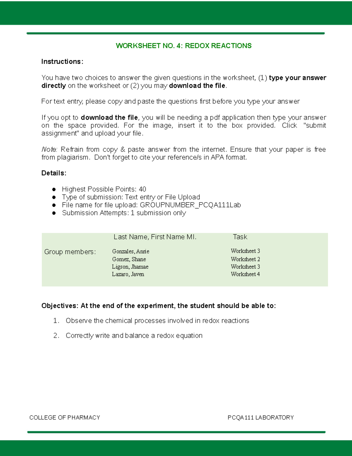 Group 4 Worksheet 4: Exploring Redox Reactions in Chemistry - Studocu