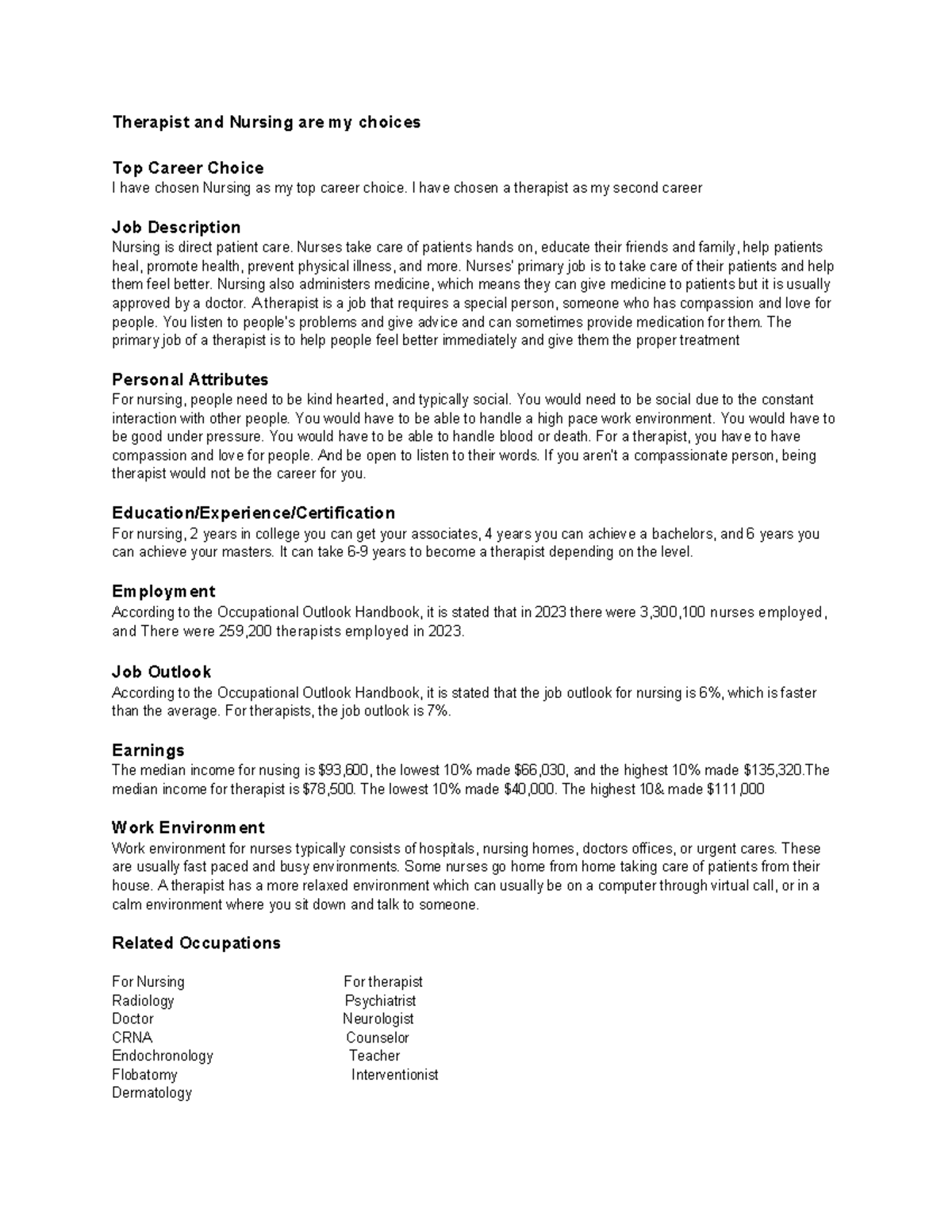 My Next Move: Nursing and Therapist Career Choices - Studocu