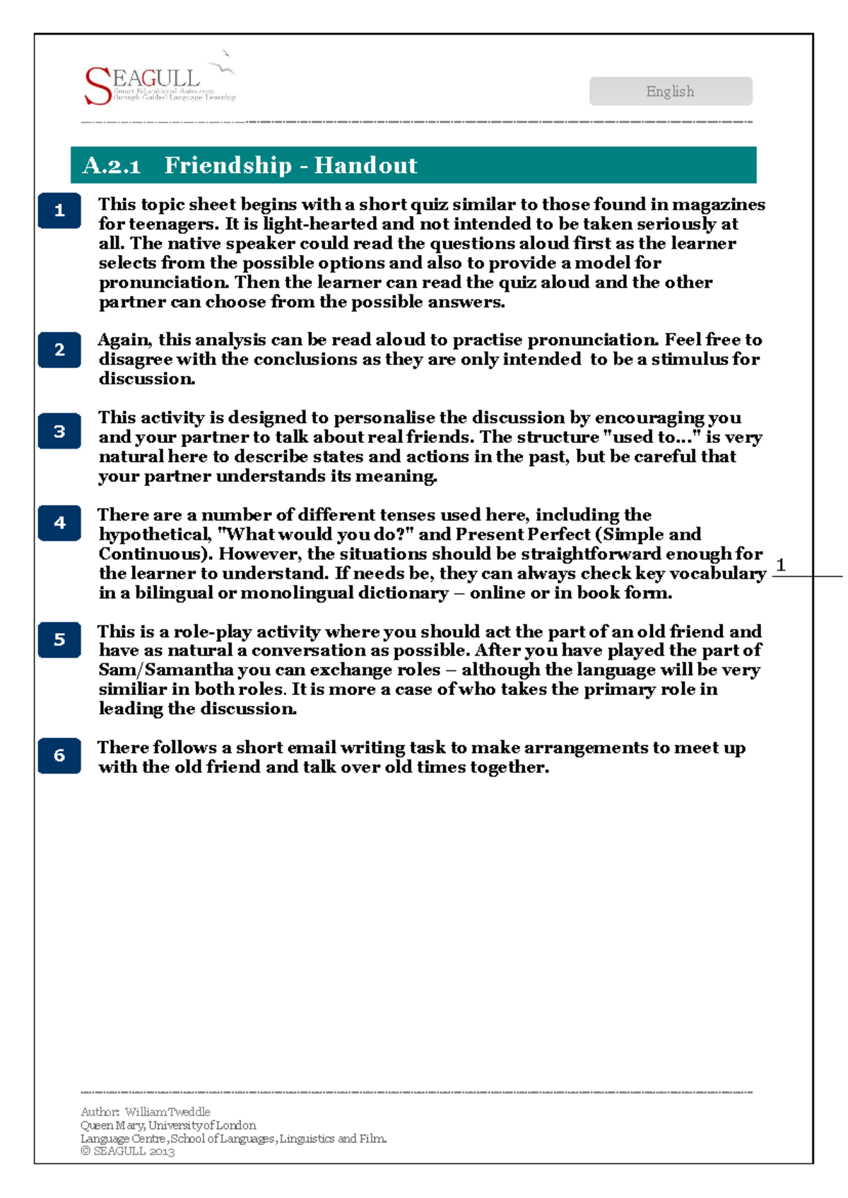 English A.2.1 Friendship Quiz & Conversation Handout - Studocu