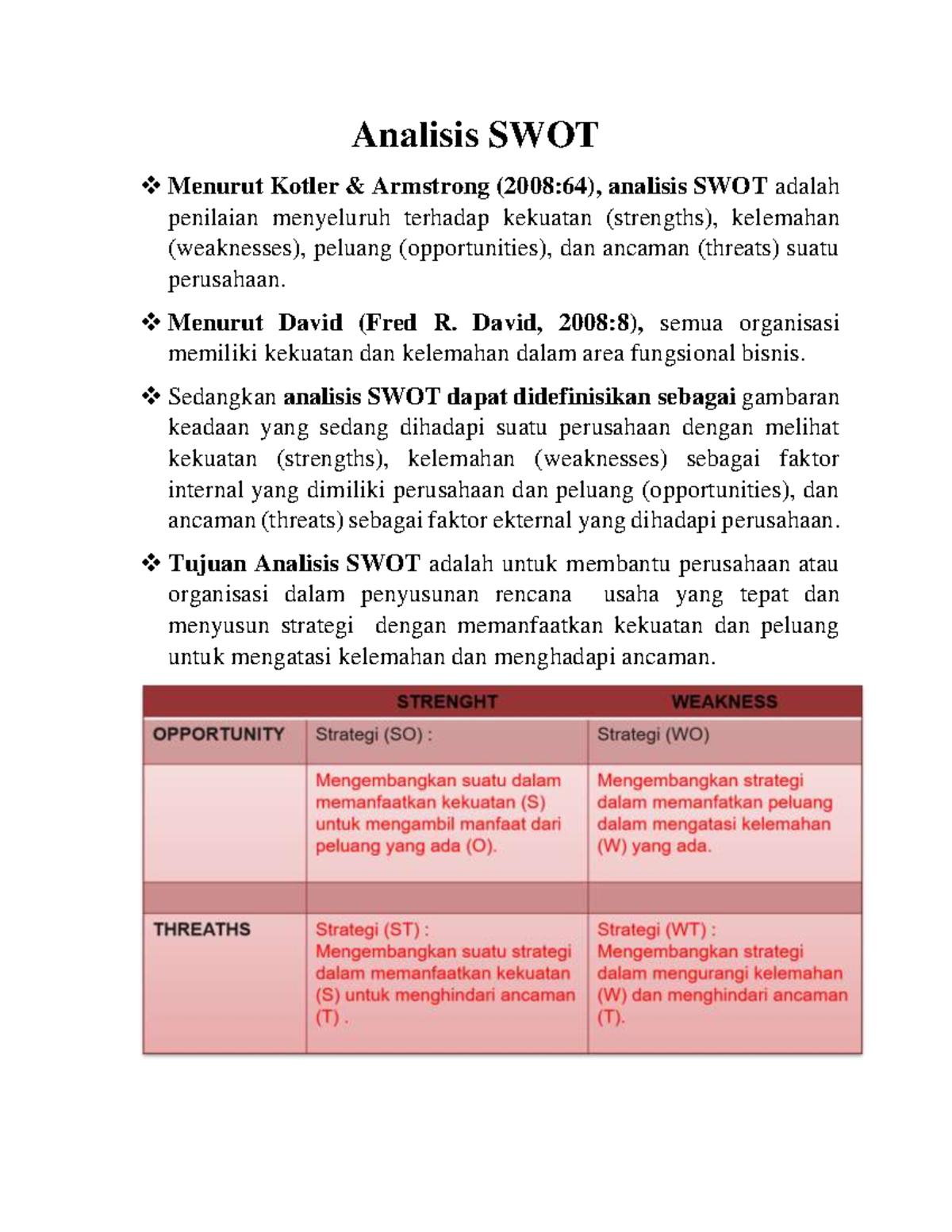 Analisis SWOT: Kekuatan, Kelemahan, Peluang, dan Ancaman Usaha - Studocu