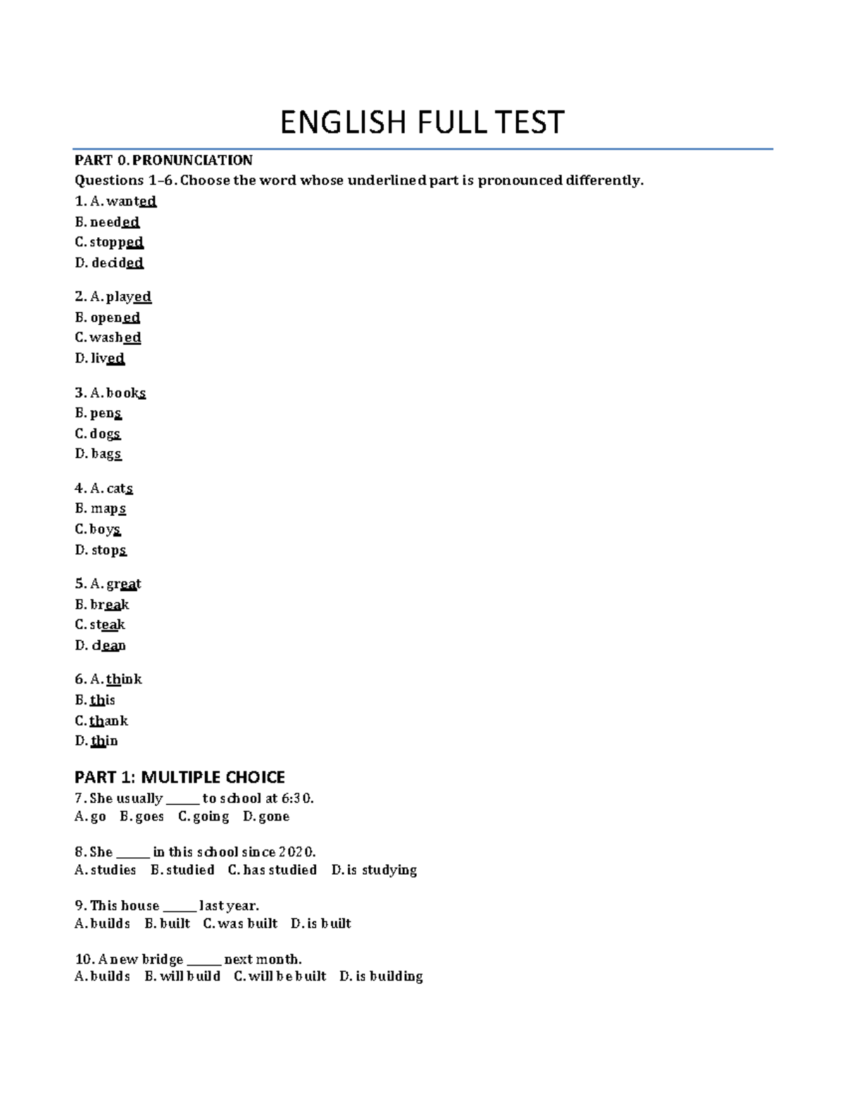 ENGLISH 8-4 FULL TEST: PRONUNCIATION & MULTIPLE CHOICE - Studocu
