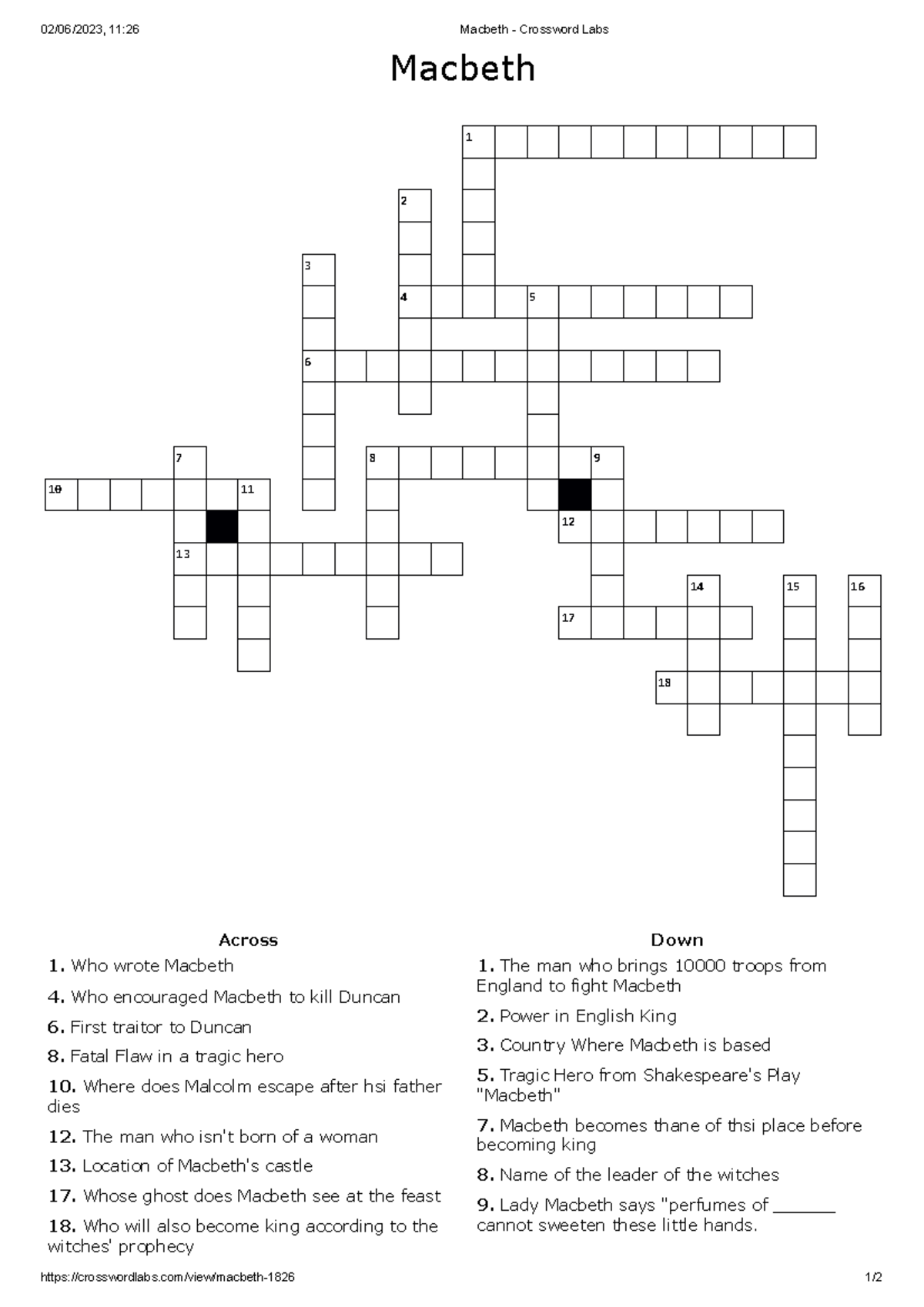 Macbeth Crossword Puzzle - Key Terms and Characters - Studocu