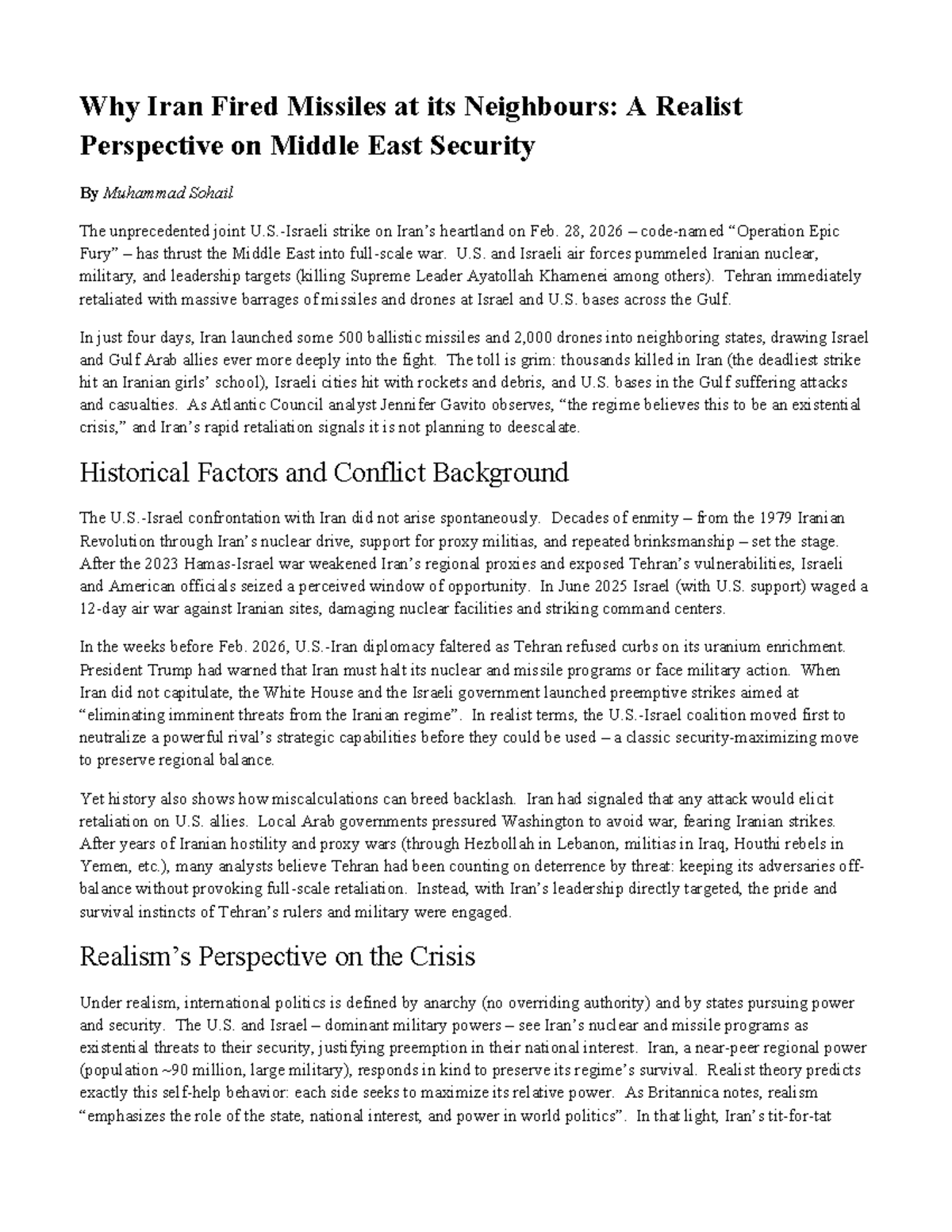 Operation Epic Fury: A Realist Analysis of the US-Israel-Iran Conflict ...