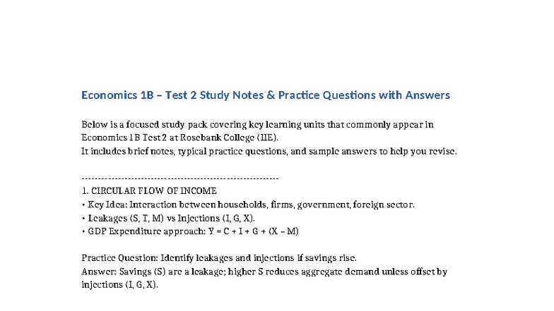 Economics 1B Test 2 Study Notes: Key Concepts & Practice Qs - Studocu