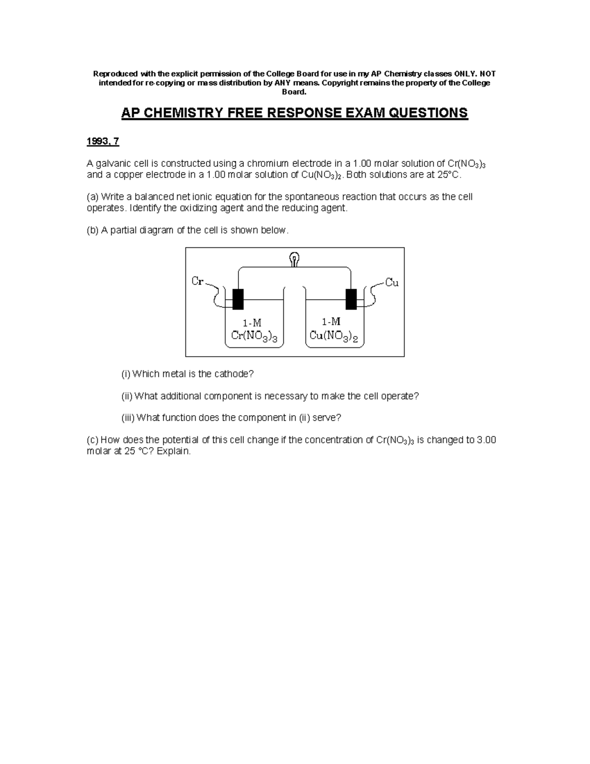 AP Chemistry FRQ 1993: Galvanic Cell Reaction Analysis - Studocu
