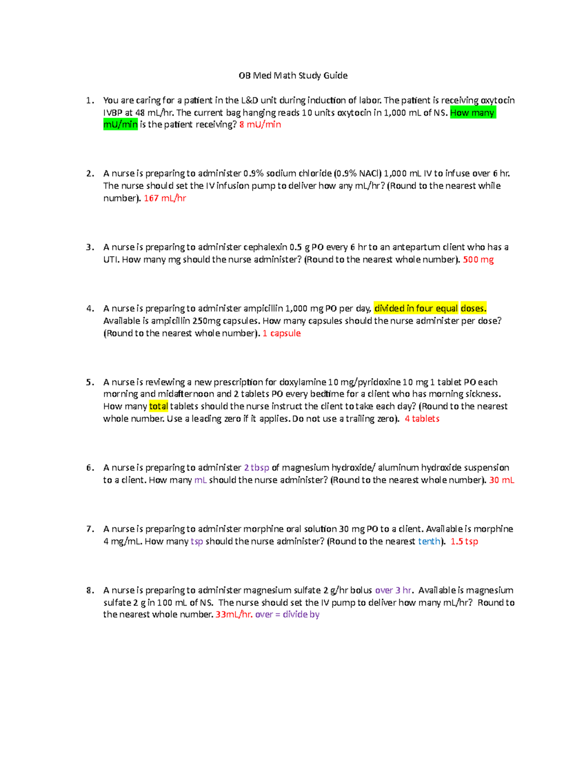 OB Med Math Study Guide - Critical Calculations for L&D Patients - Studocu