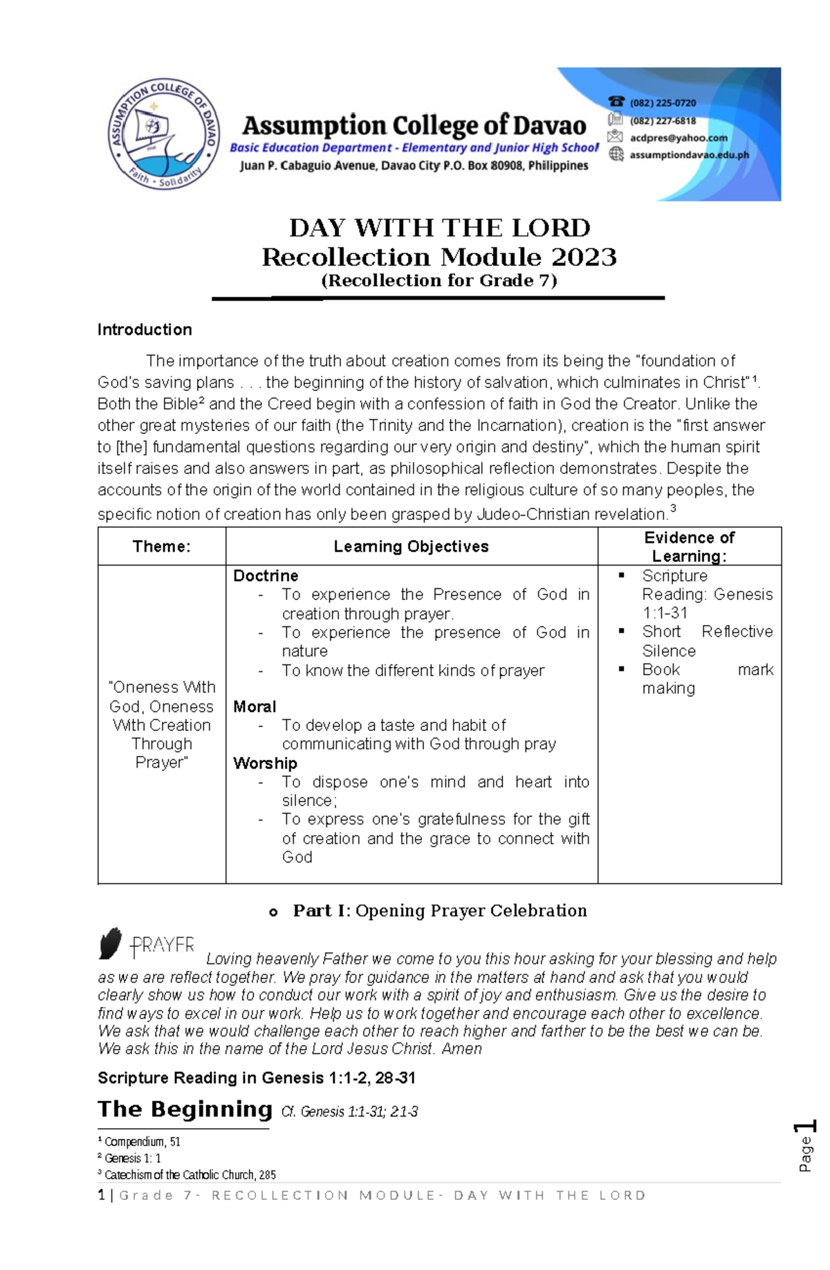 Grade 7 DAY WITH THE LORD 2022-2023- Module - Page 1 DAY WITH THE LORD ...