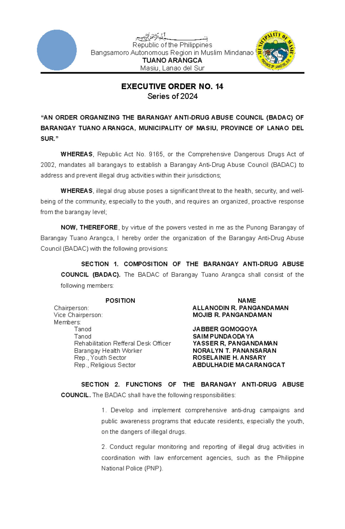 BADAC Action Plan for Barangay Tuano Arangca (F.Y. 2025) - Studocu