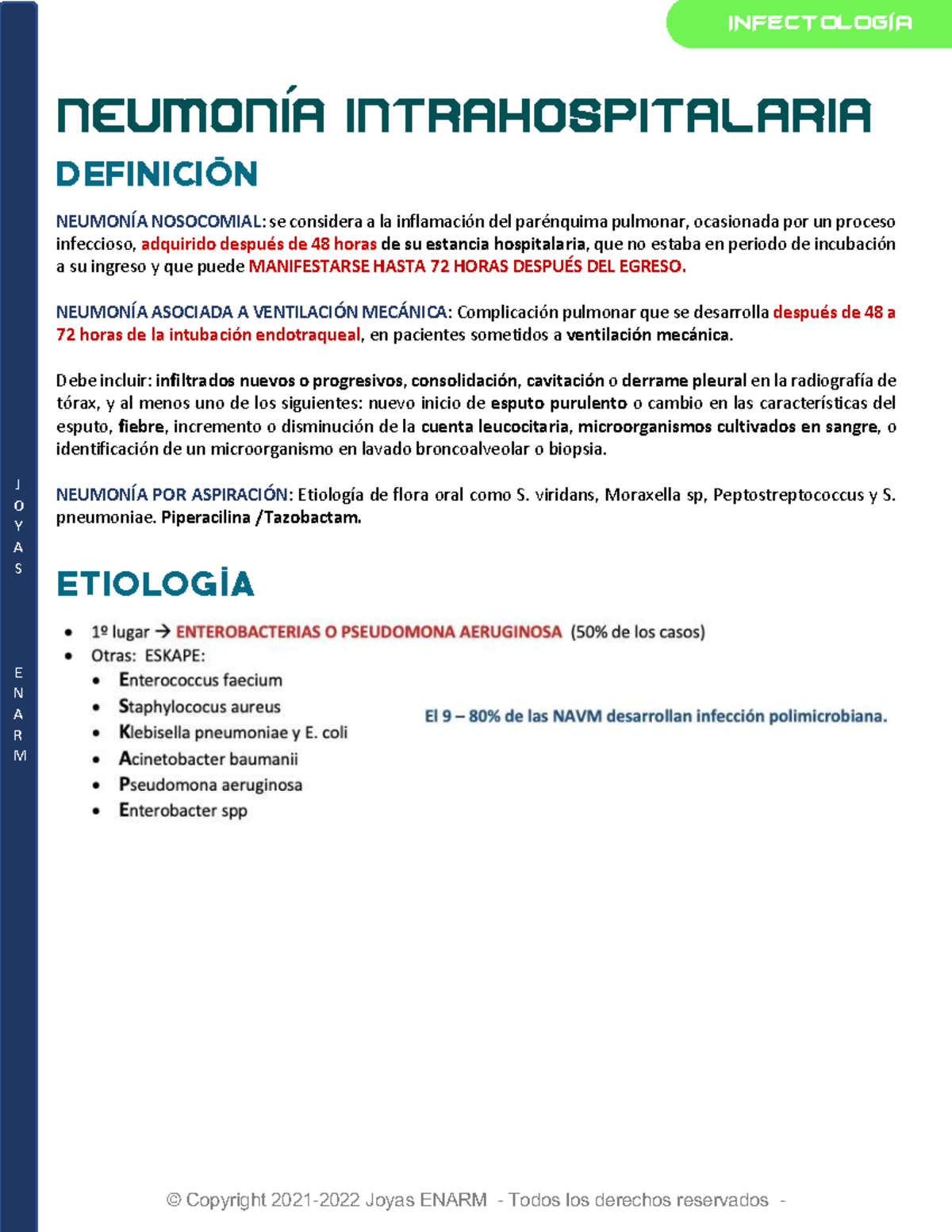 INFECTOLOGÍA: Neumonía Intrahospitalaria y su Tratamiento ENARM - Studocu
