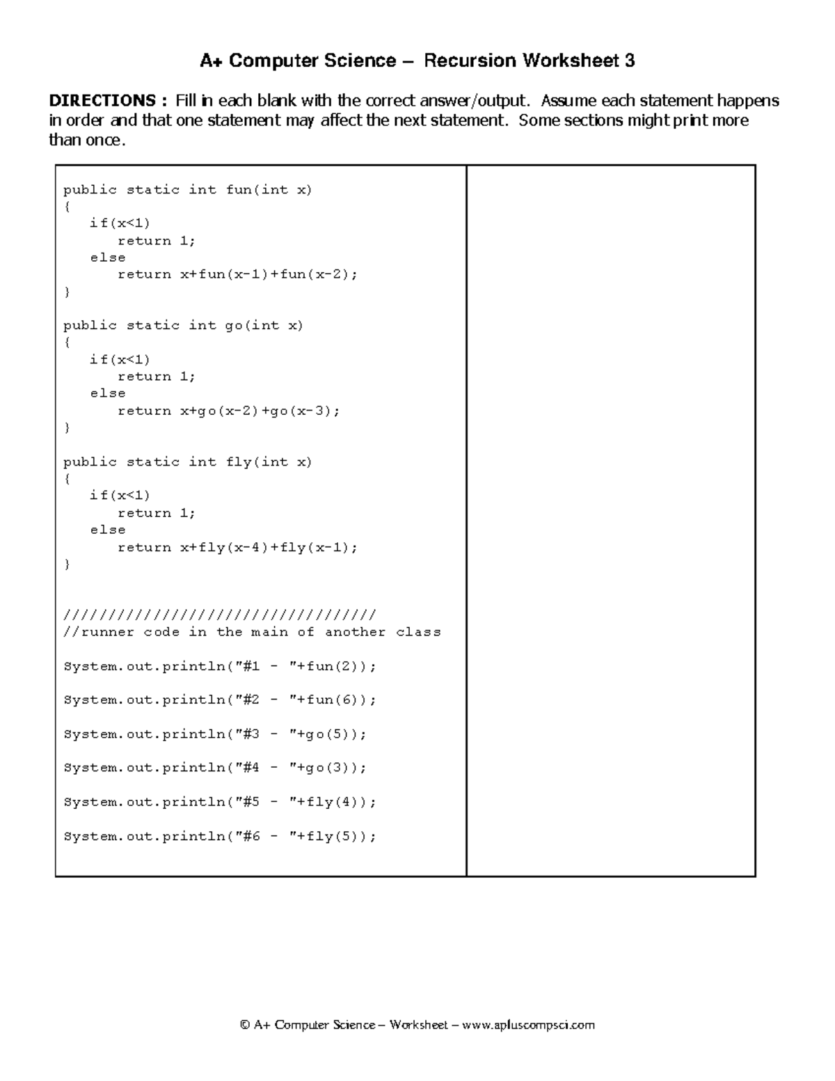 Recursion WS #3 - © A+ Computer Science – Worksheet – apluscompsci A+ ...