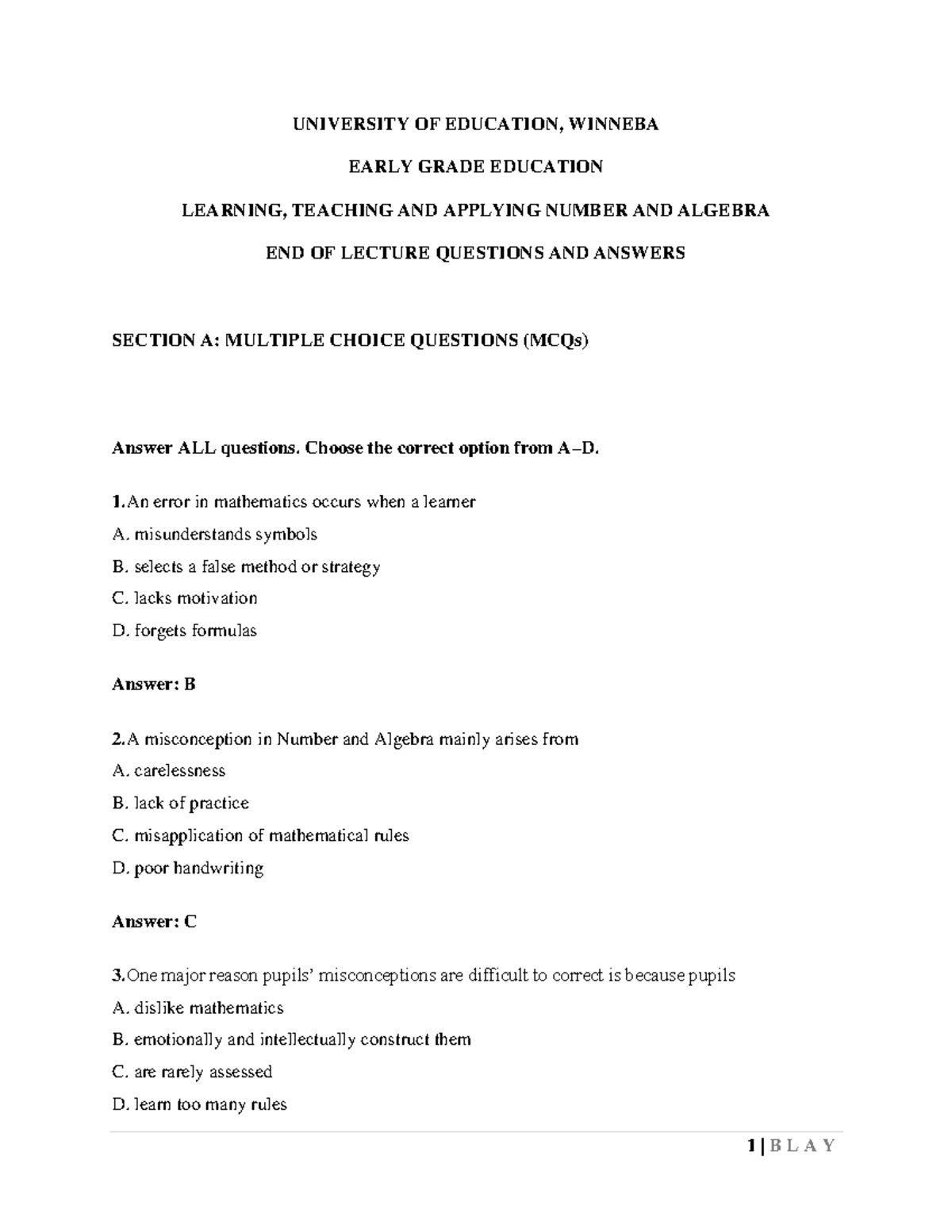 Algebra (EDU 101) End of Lecture Q&A: MCQs & Subjective Answers - Studocu